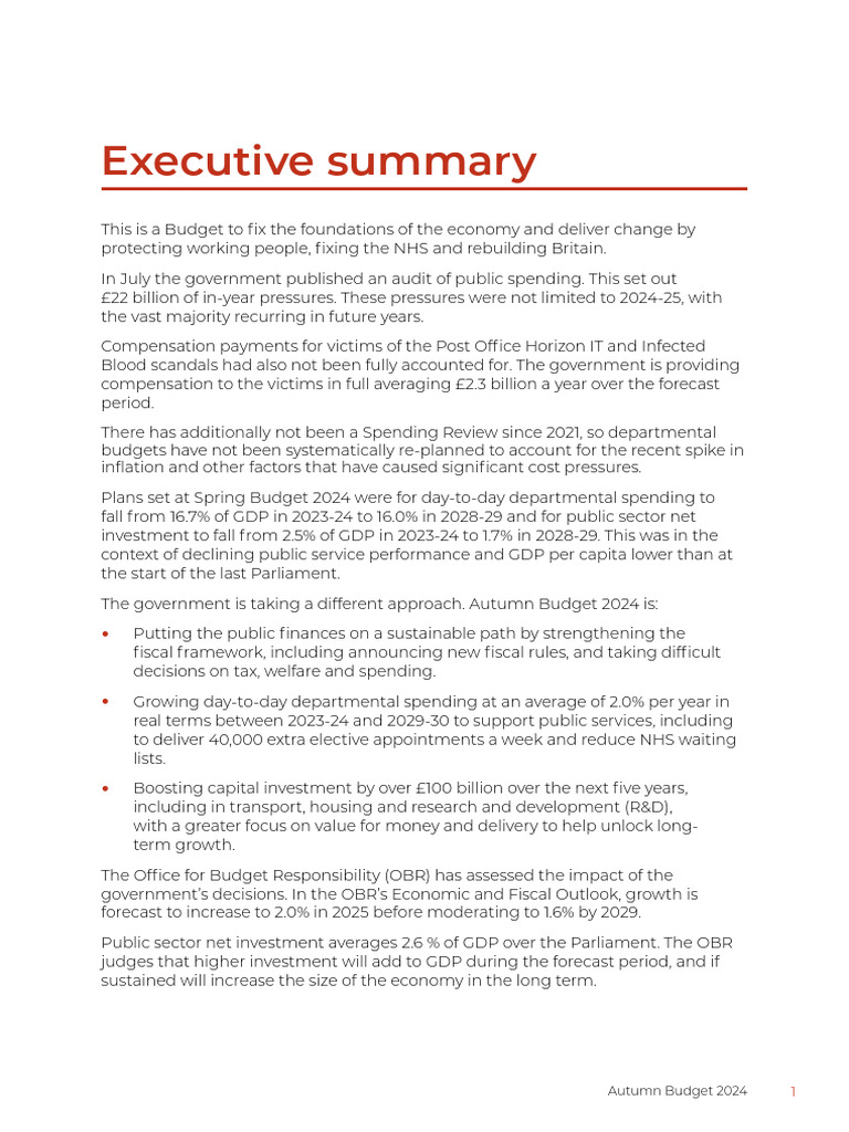 Autumn Budget 2024 Exec Summary | PDF | Cost Of Living | Taxes