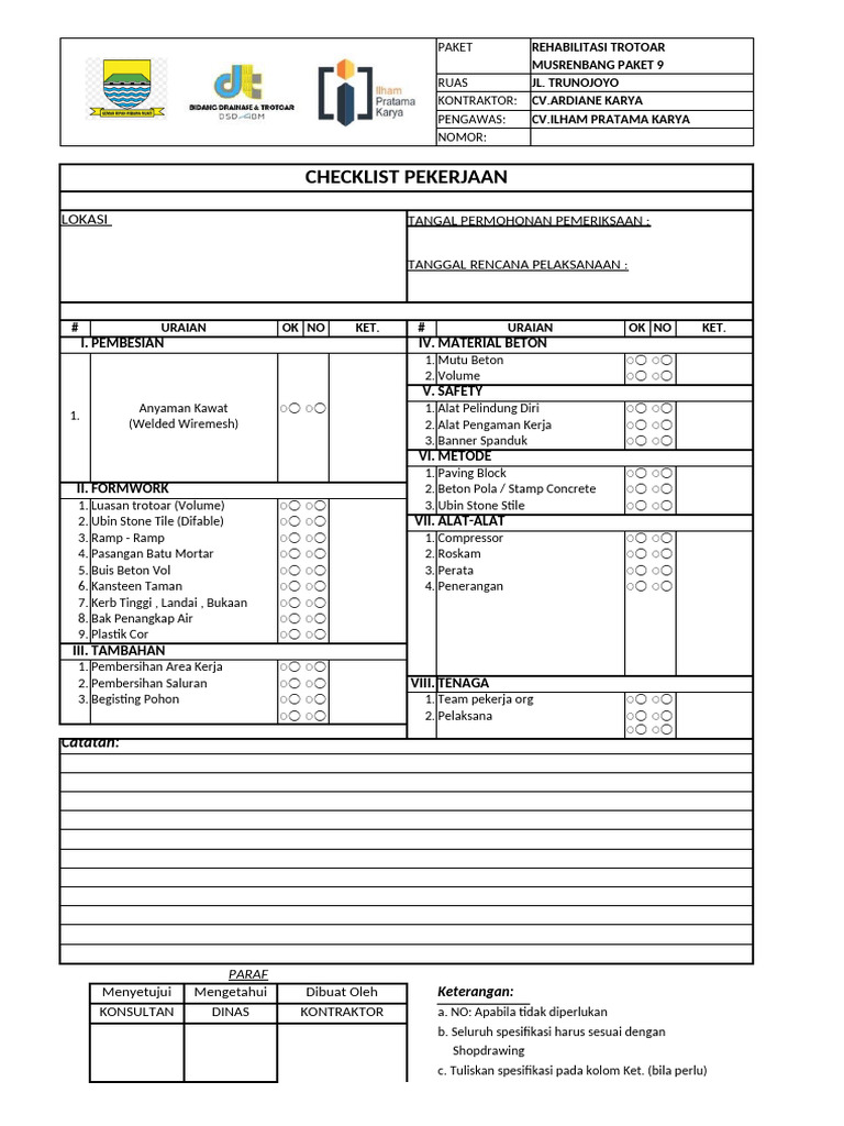Checklist Pekerjaan Trotoar dan Formwork | PDF