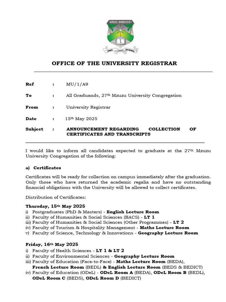 Memo To Graduands - Collection of Certificates and Transcripts - May ...