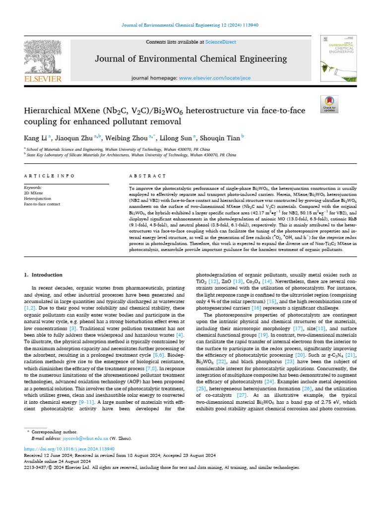 Hierarchical MXene (Nb2C, V2C) - Bi2WO6 Heterostructure Via Face-To-Face Coupling For Enhanced ...