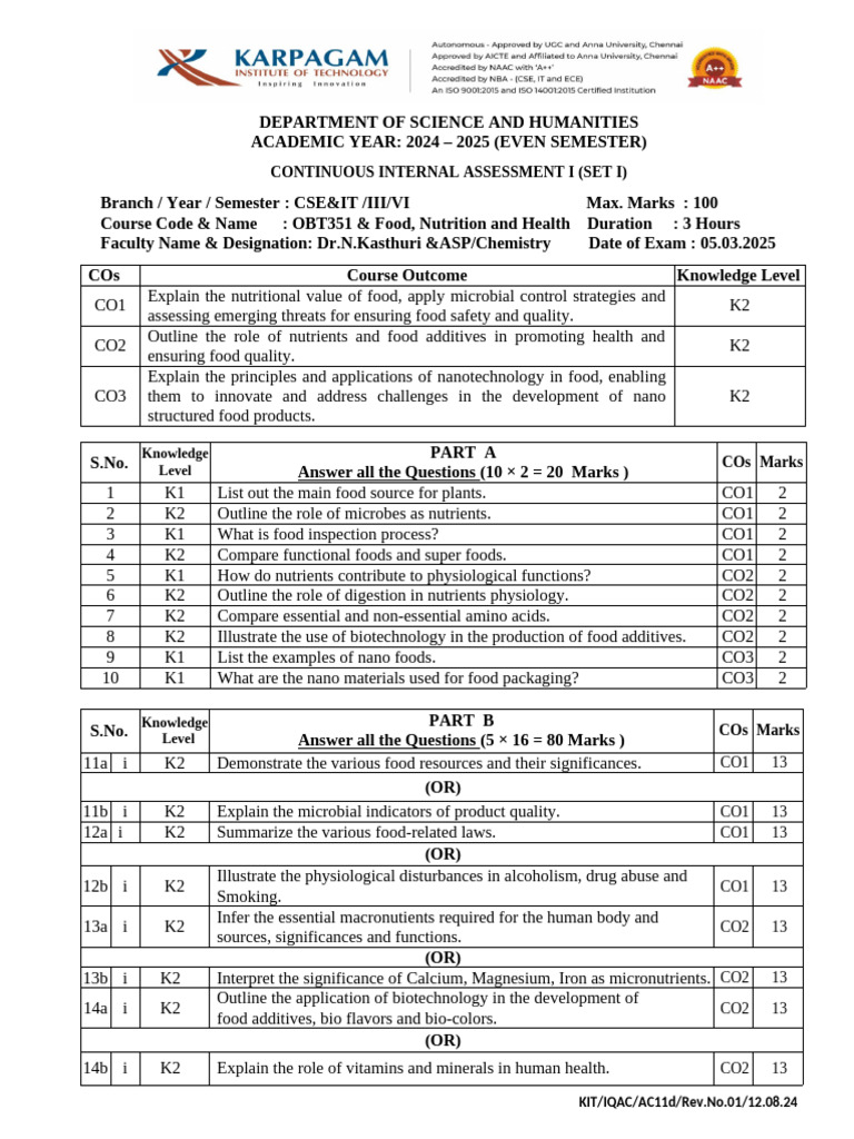 11d.CIA Question Paper-SET 1 | PDF | Foods | Nutrients