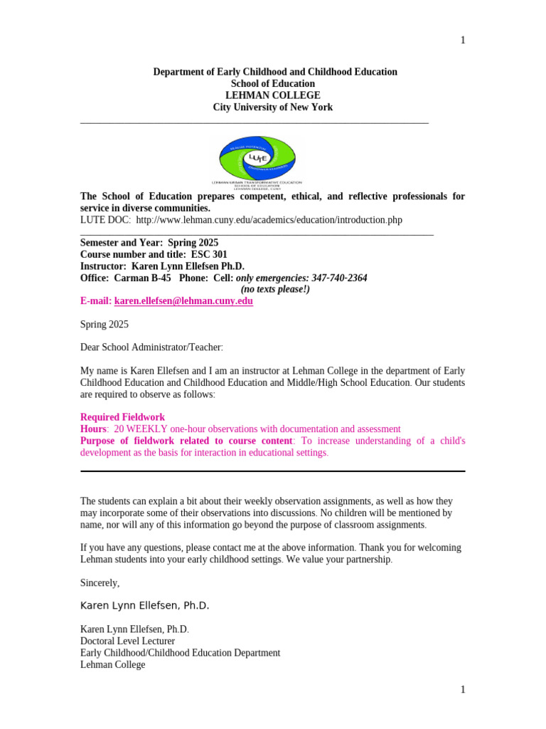 ESC 301 Introduction Letter To Observation Site Letter 2025 OPTIONAL | PDF