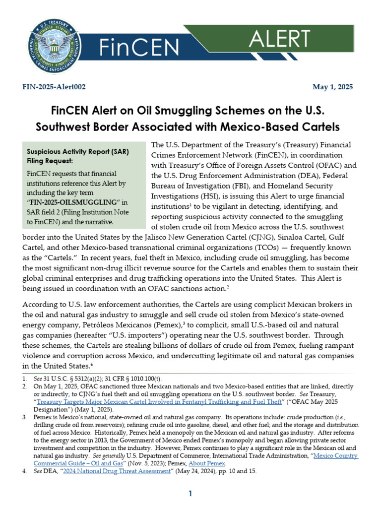 FinCEN Alert Oil Smuggling FINAL 508C | PDF | Illegal Drug Trade