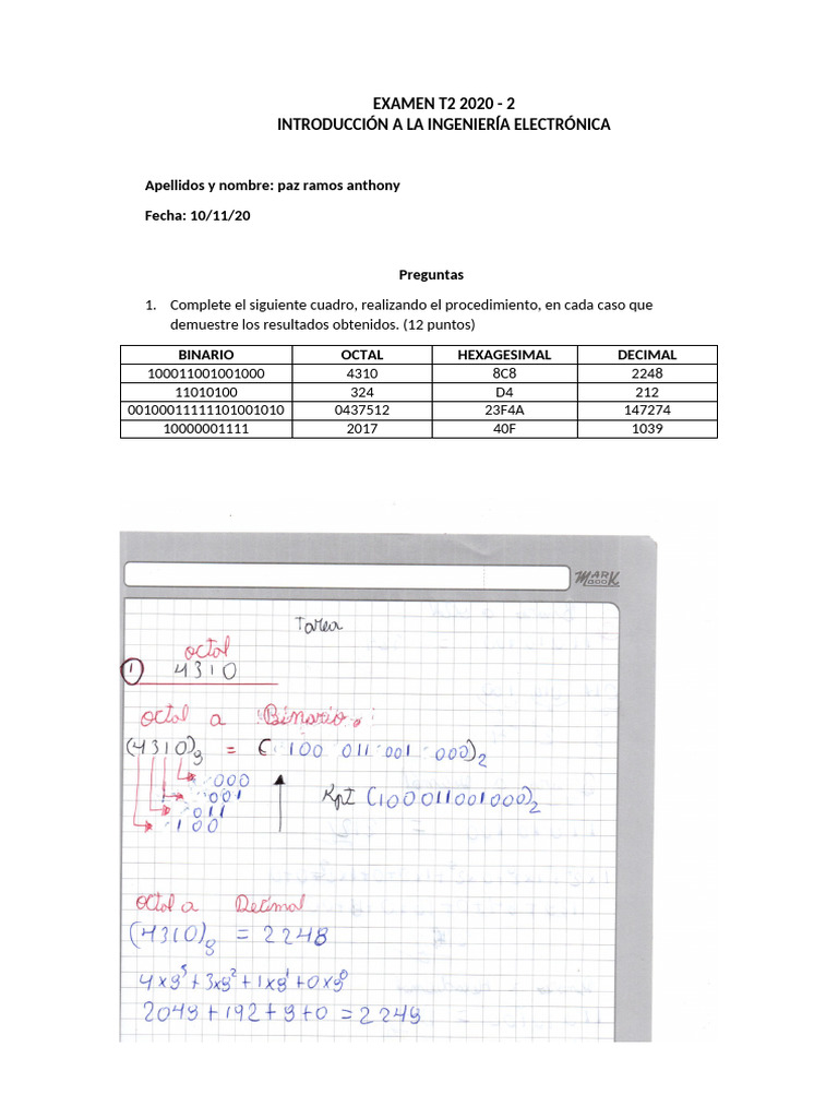 EXAMEN T2 2020 - 2 Introducción A La Ingeniería Electrónica | PDF