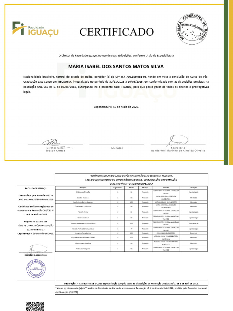 Certificado de Conclusão de Curso 2023.2 - 2 - MARIA ISABEL DOS SANTOS MATOS SILVA - FLI | PDF ...