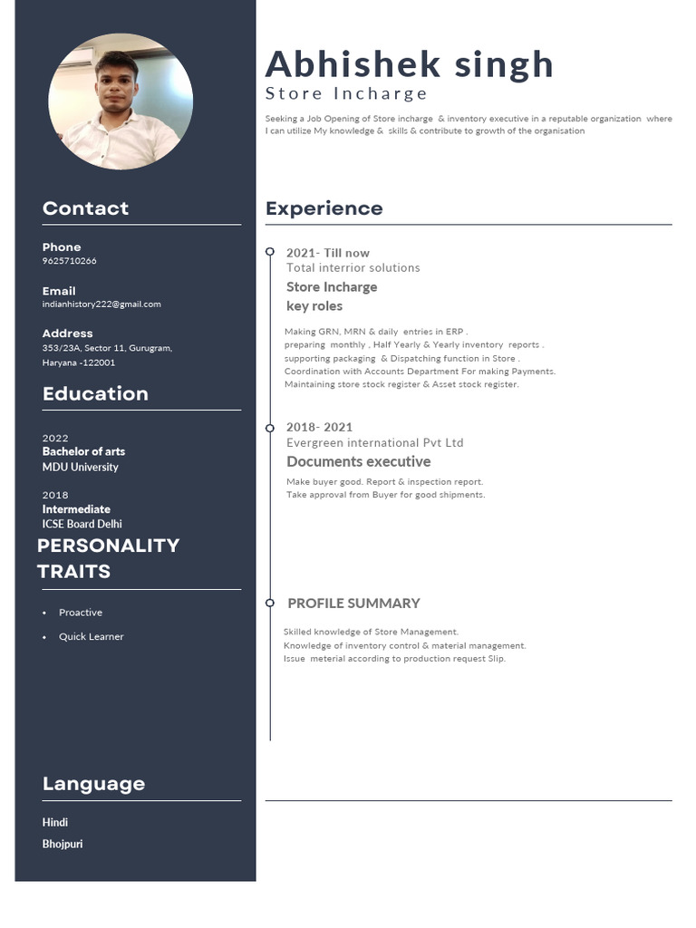 Store Incharge & Inventory Executive Resume | PDF