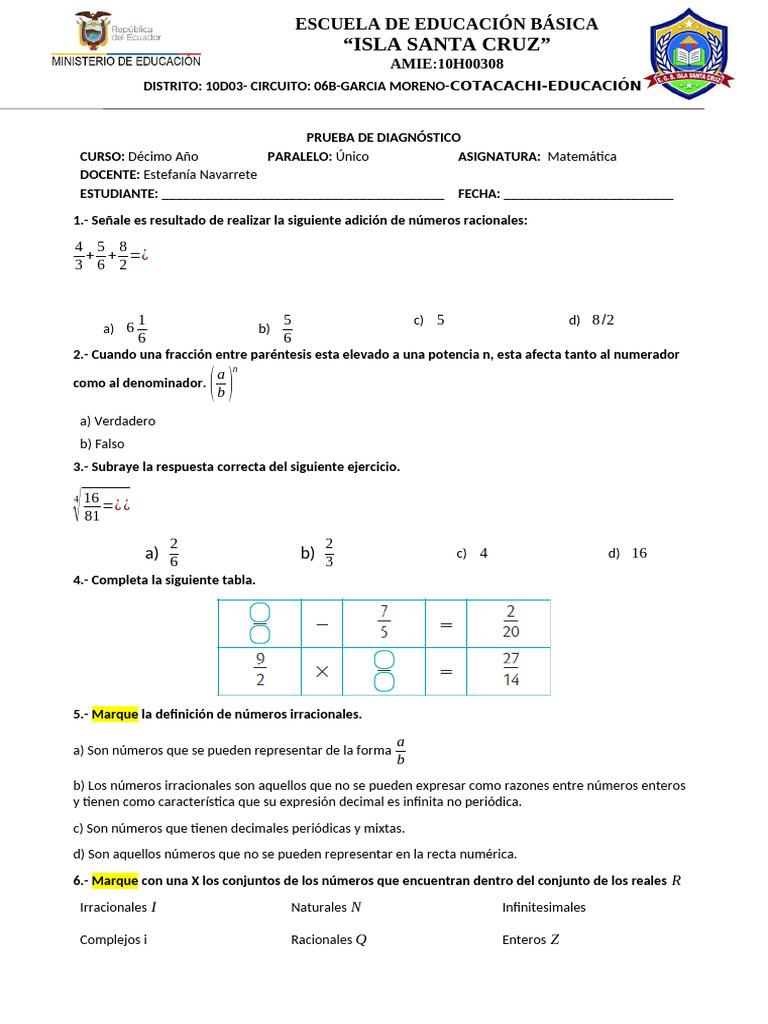 PRUEBA DE DIAGNÓSTICO DÉCIMO Todas | PDF | Número racional | Entero