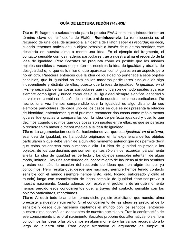 Guía de Lectura EVAU Fedón 741a-83b | PDF | Alma | Platón