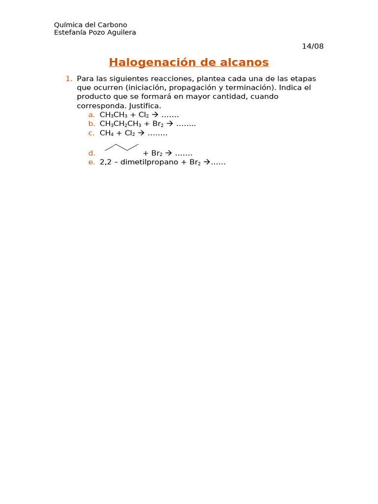 Ejercitación - Halogenación de Alcanos | PDF