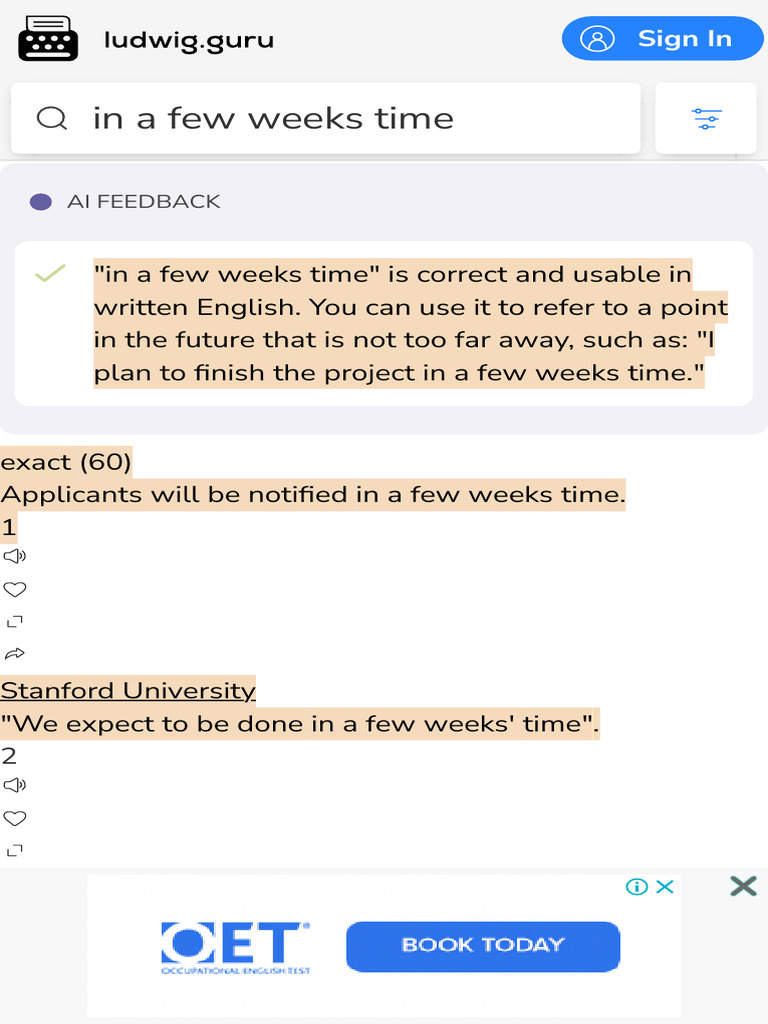 In A Few Weeks Time English Examples in Context | PDF
