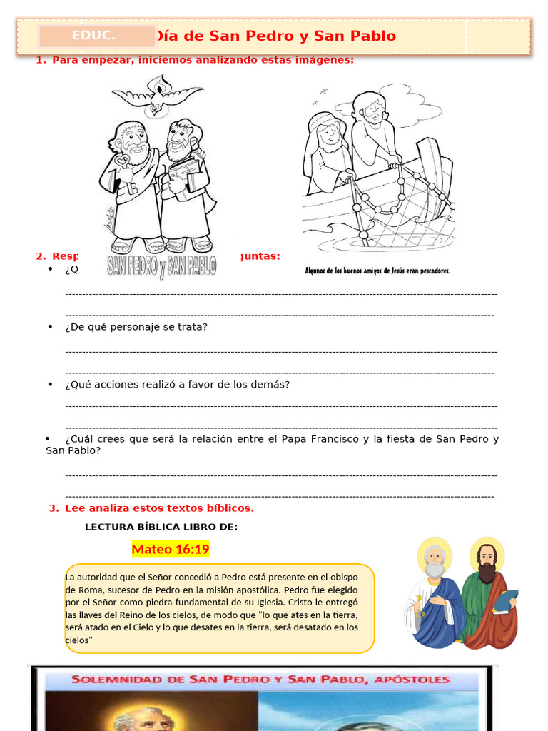 D2 A2 FICHA REL. Día de San Pedro y San Pablo | PDF | Papa | Cristo (título)