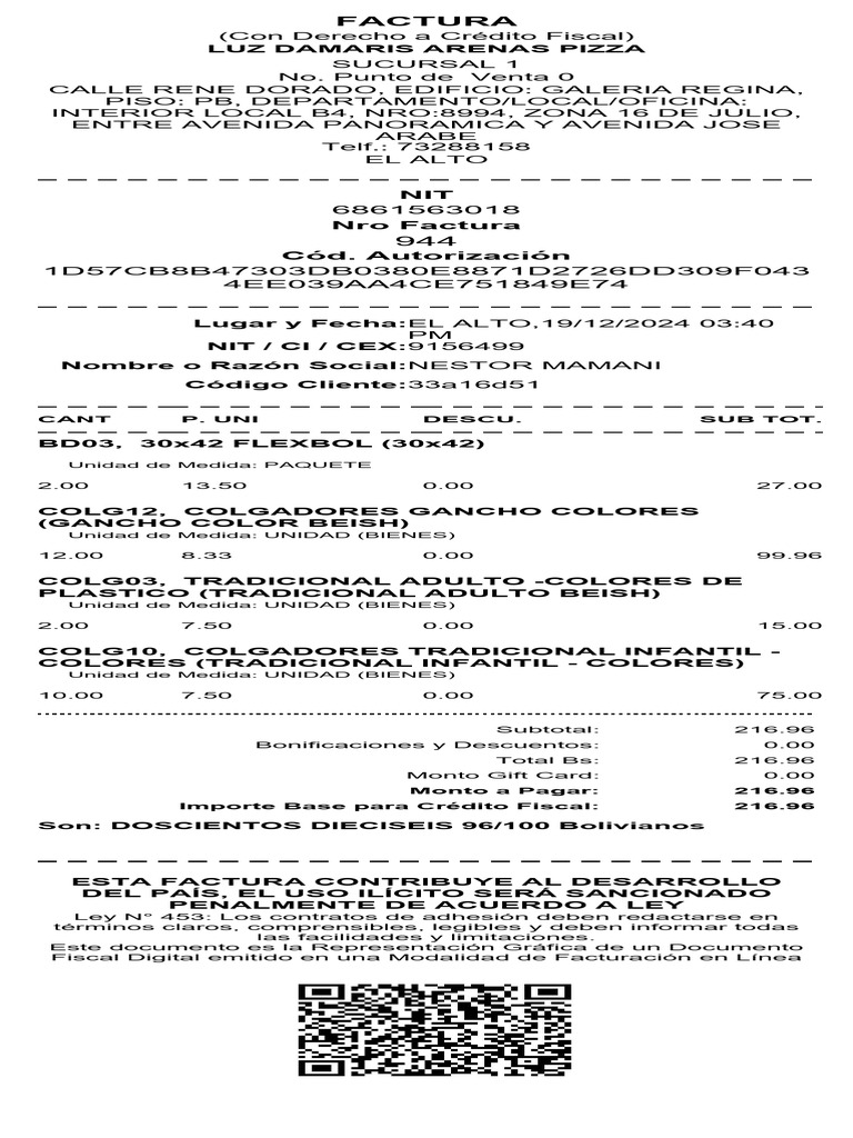 NIT Nro Factura Cód. Autorización: Cant P. Uni Descu. Sub Tot | PDF