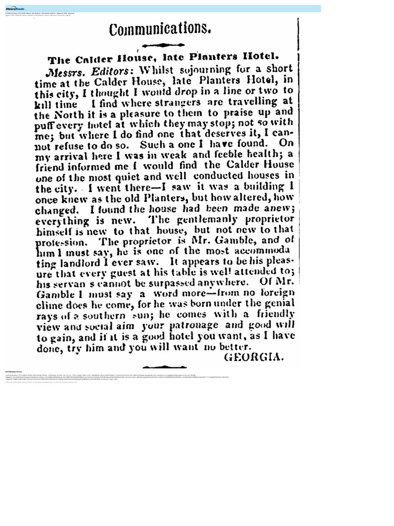Communications. The Calder House Late Planters Charleston Courier ...