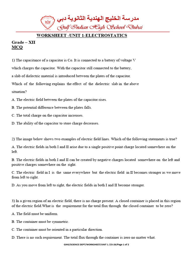 Worksheet-Unit - 1-Xii - (2025-26) - Rueya | PDF | Capacitor | Capacitance