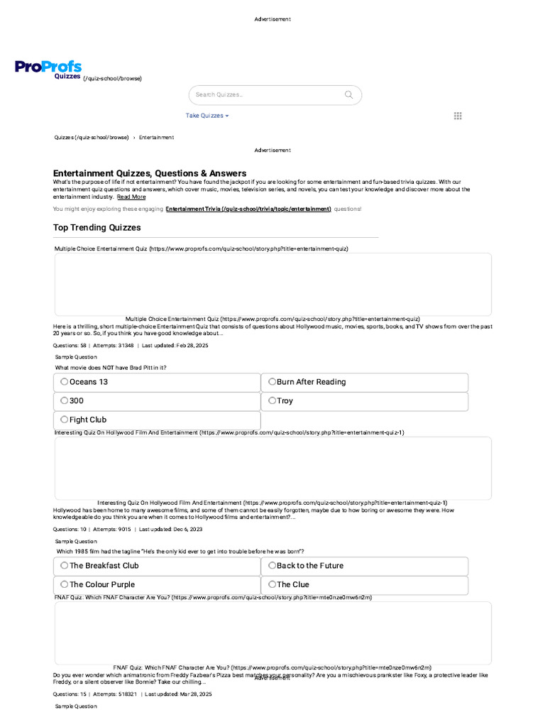 Entertainment Trivia Quizzes Guide | PDF | Multiple Choice | Quiz