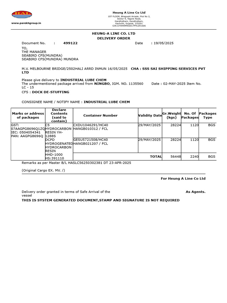 Heung Do Industrial Lube Chem BL No. HASLC56250302381 | PDF | Freight ...