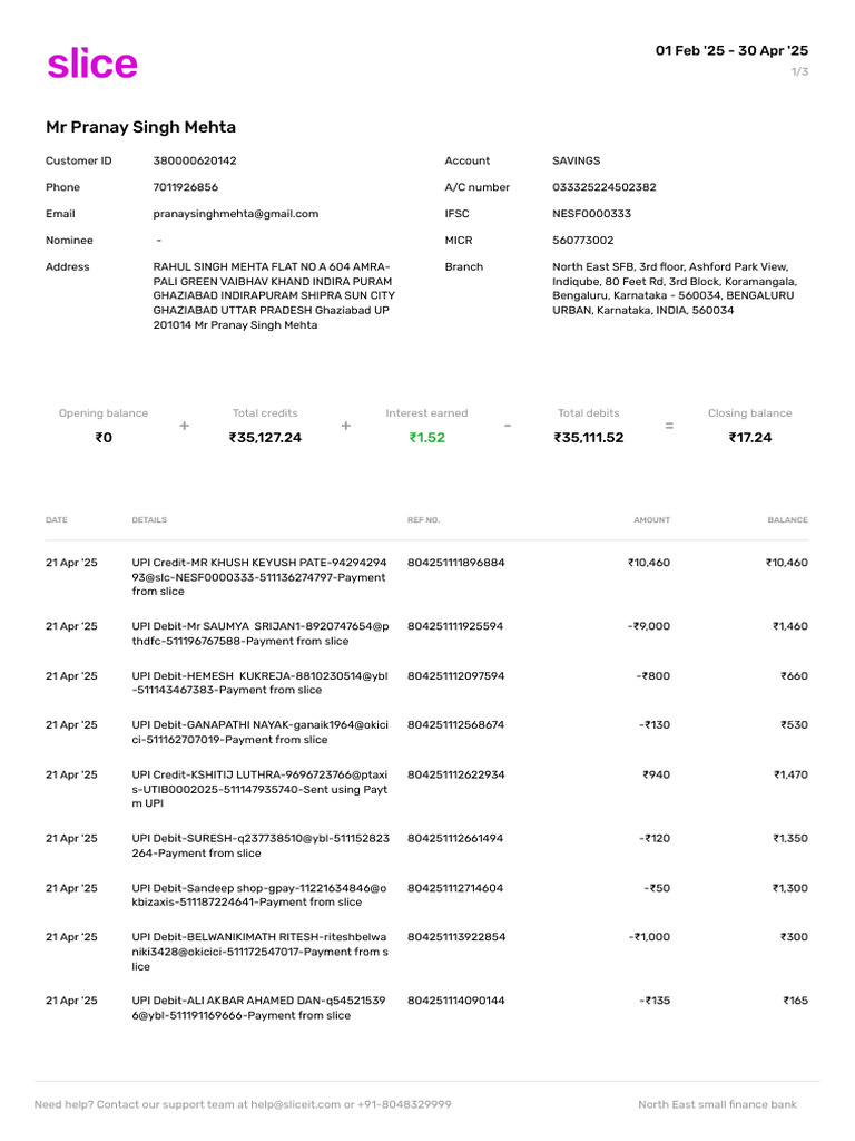 Slice Statement 01feb25 30apr25 | PDF | Payments | Banking Technology