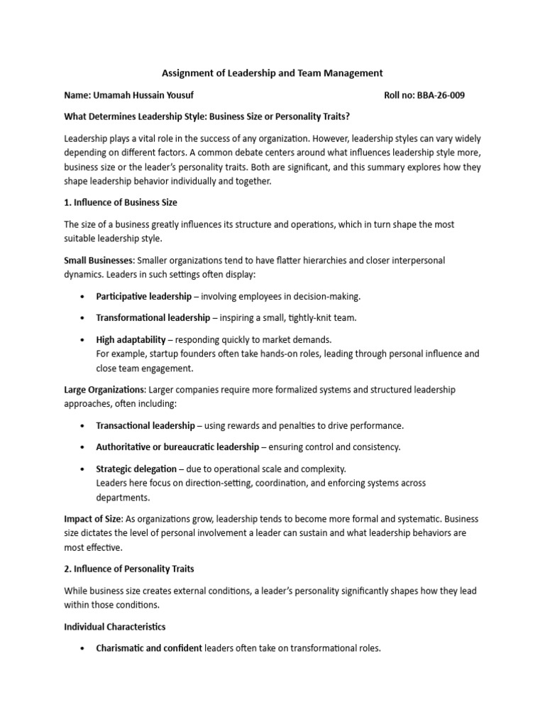 Leadership Styles: Size vs. Personality | PDF | Leadership | Control ...