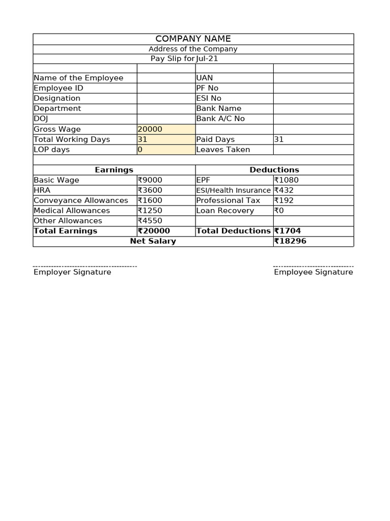 Salary Slip Format in Excel | PDF