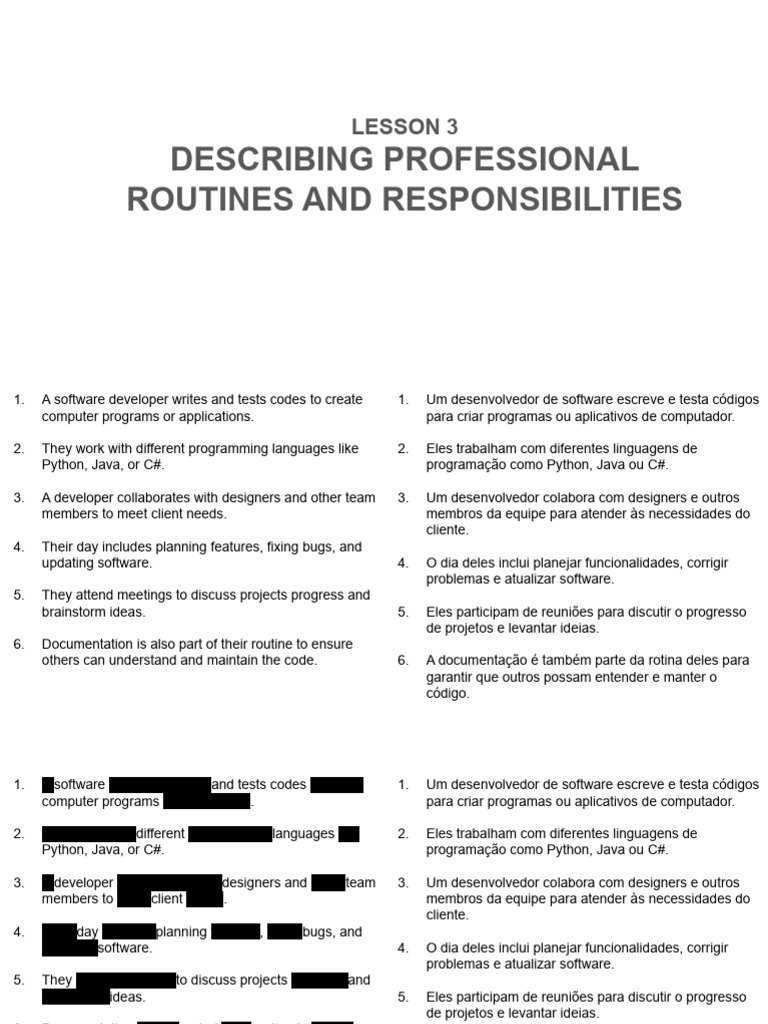 Describing Professional Routines and Responsibilities | PDF | Programas | C Sharp (linguagem de ...