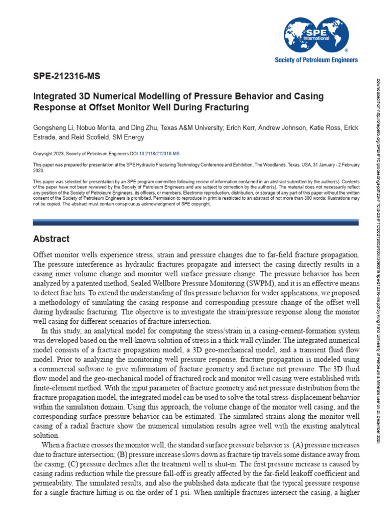Integrated 3D Numerical Modelling of Pressure Behavior and Casing | PDF ...