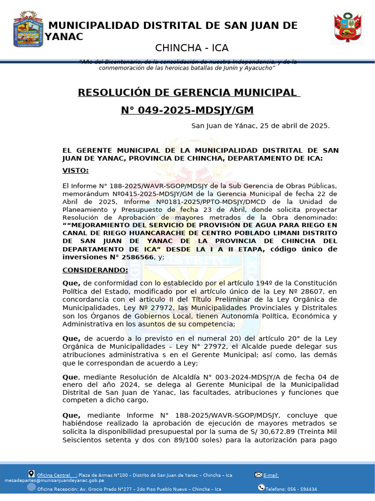 Resolucion De Gerencia 049 2025 Mayores Metrado Pdf Gobierno