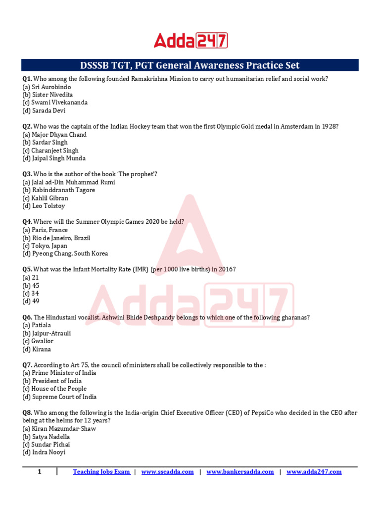 PGT General Awareness Practice Set - 6024 | PDF