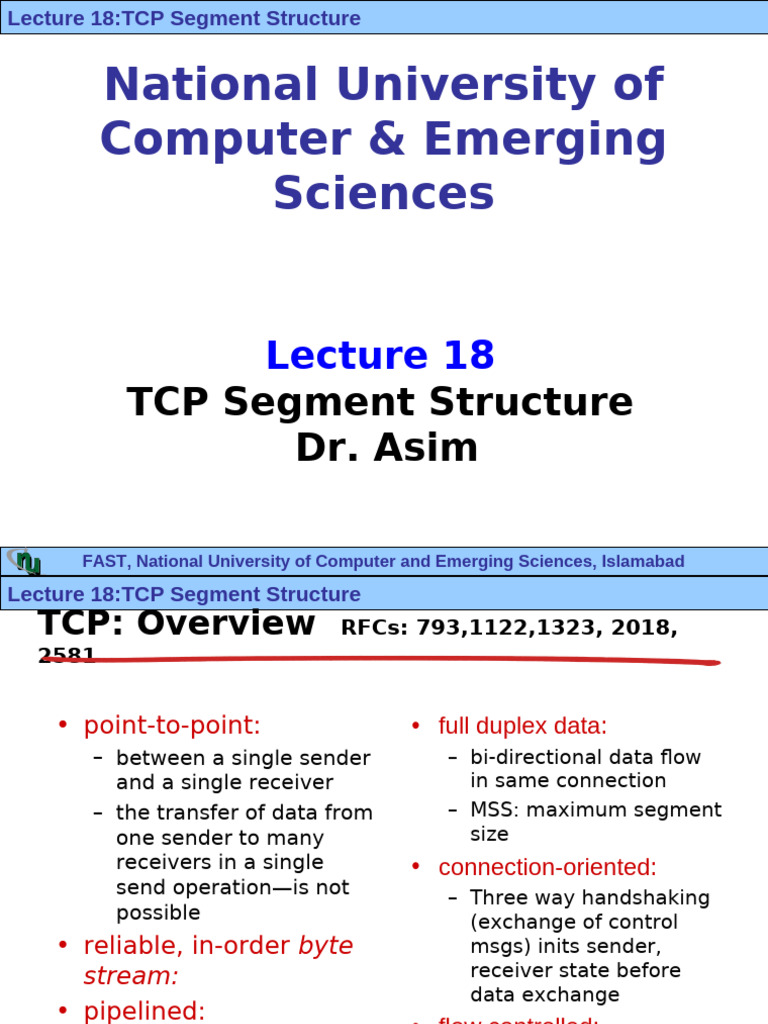 Lecture 18-TCP Segment Structure | PDF | Transmission Control Protocol | Telecommunications