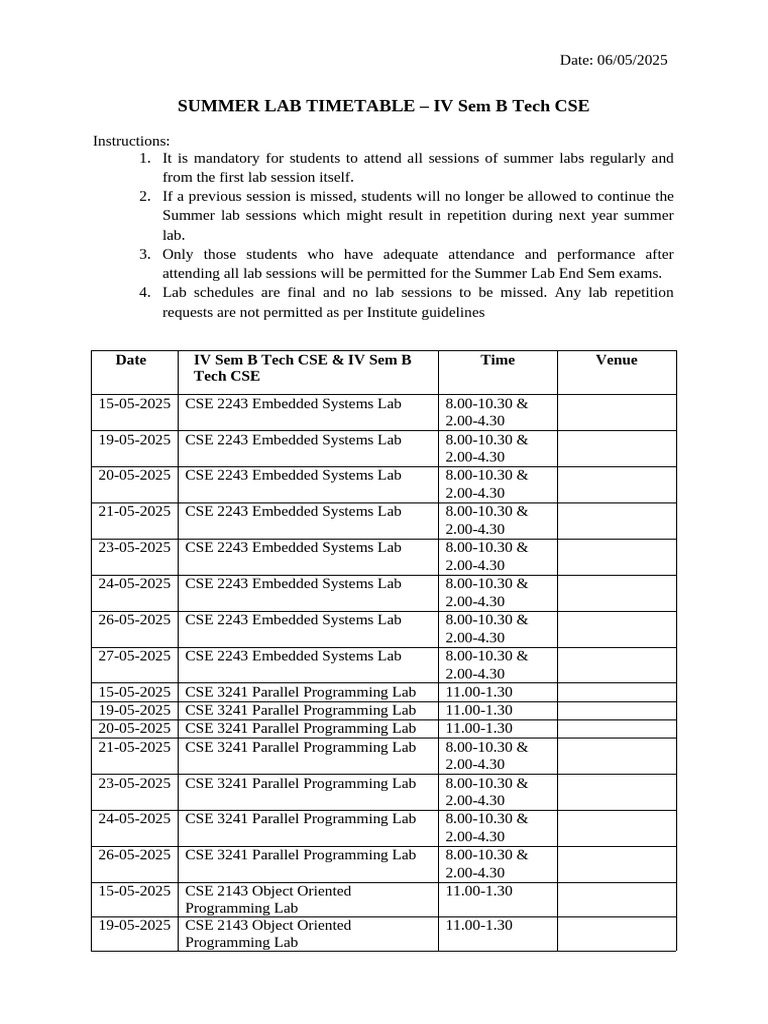 IV Sem & VI Sem Summer Lab TT - 2025 | PDF | Computing | Computer Science