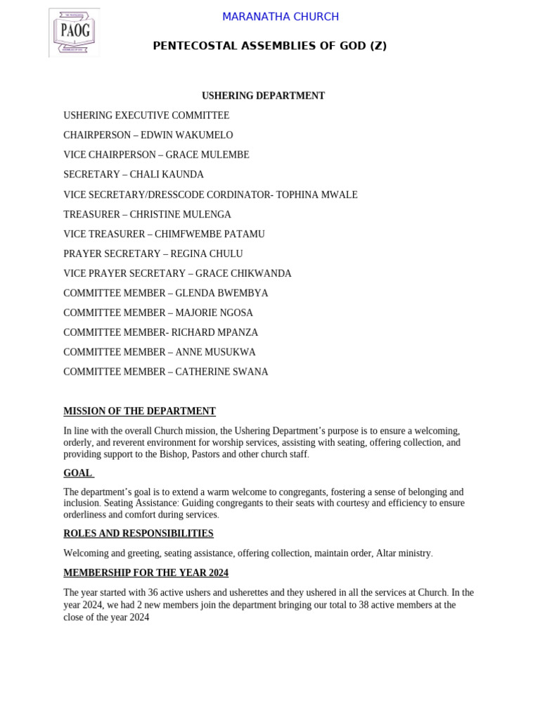 USHERING DEPARTMENT 2024 To 2025 REPORT | PDF | Pentecostalism ...