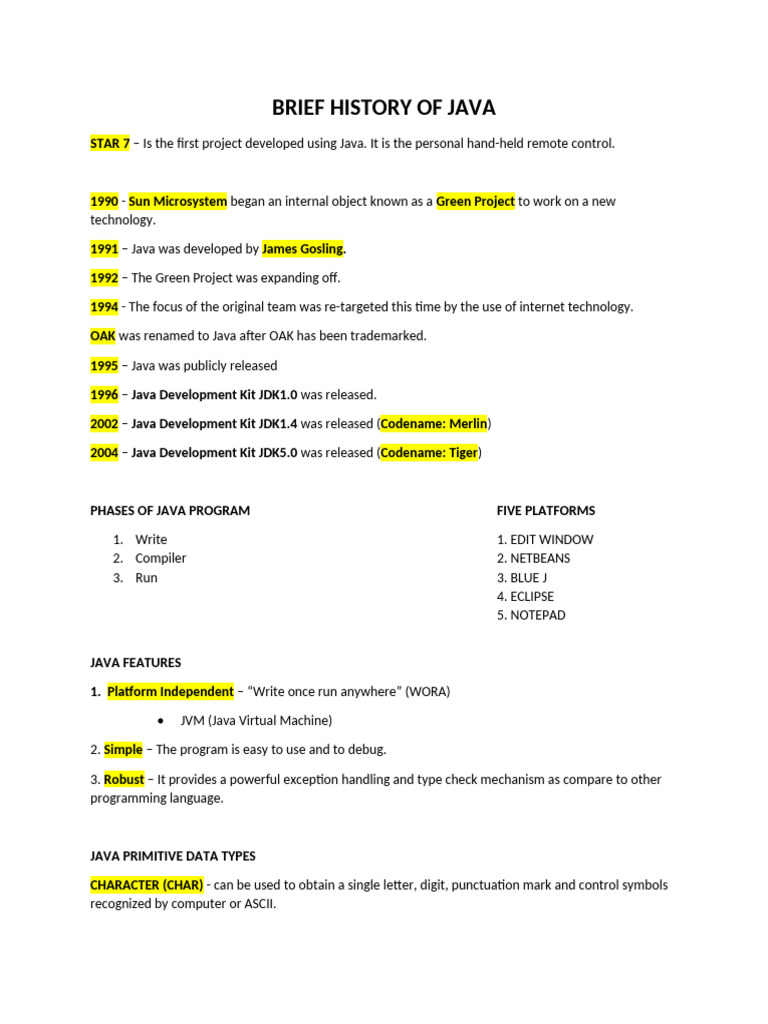 Brief History of Java | PDF | Java (Programming Language) | Control Flow