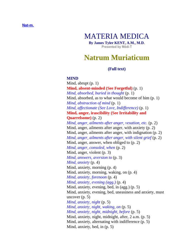 Materia Medica: Natrum Muriaticum | PDF | Mind | Anxiety