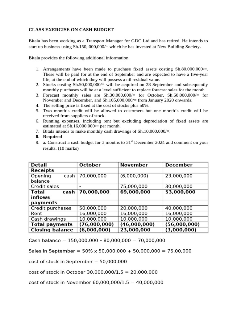 Class Exercise On Cash Budget | PDF | Budget | Fixed Asset