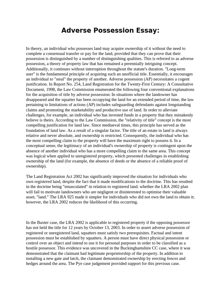 Adverse Possession Essay | PDF | Leasehold Estate | Adverse Possession