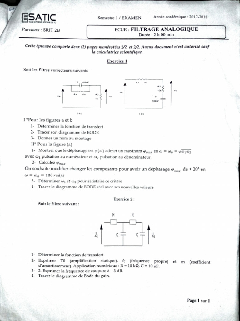 EXAMEN FILTRAGE ANALOGIQUE 2017-18 | PDF