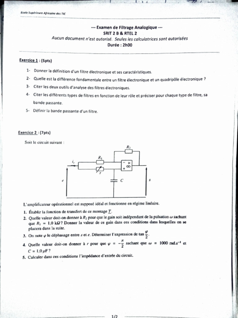Examen Filtrage Analogique Srit2b 2018-19 | PDF