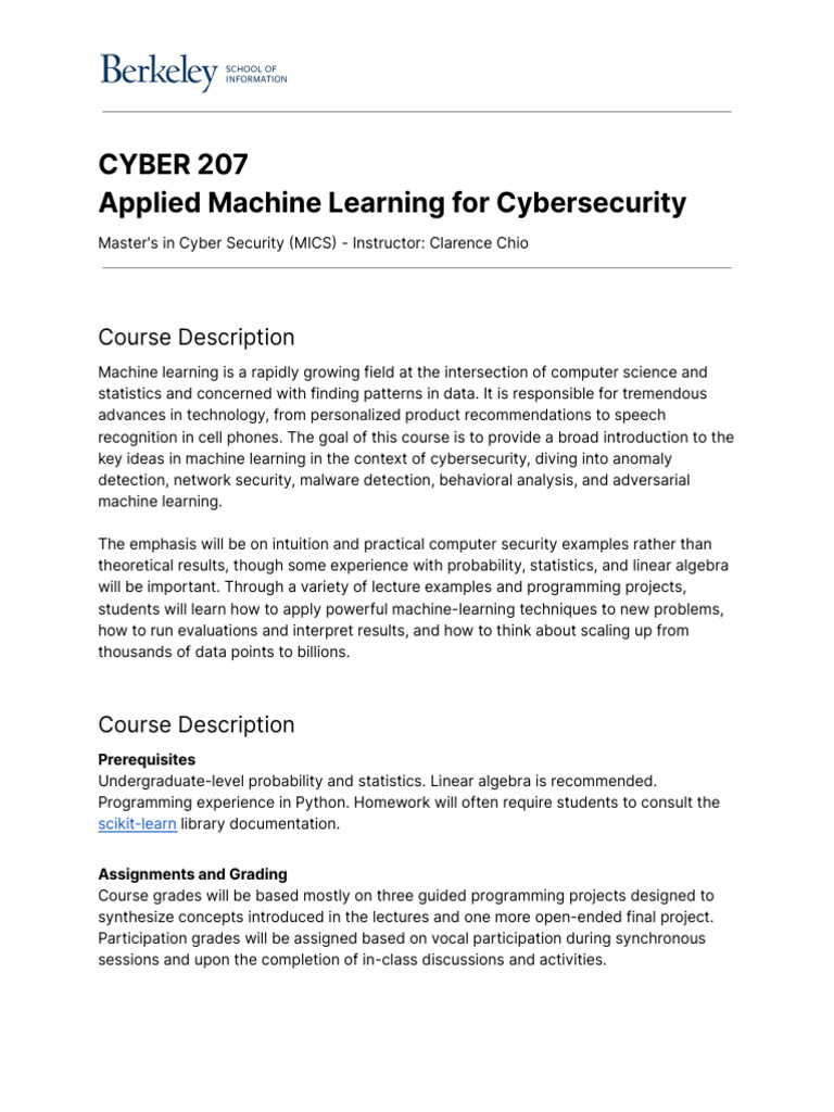 CYBER 207 - Applied Machine Learning For Cybersecurity Syllabus | PDF | Machine Learning | Deep ...