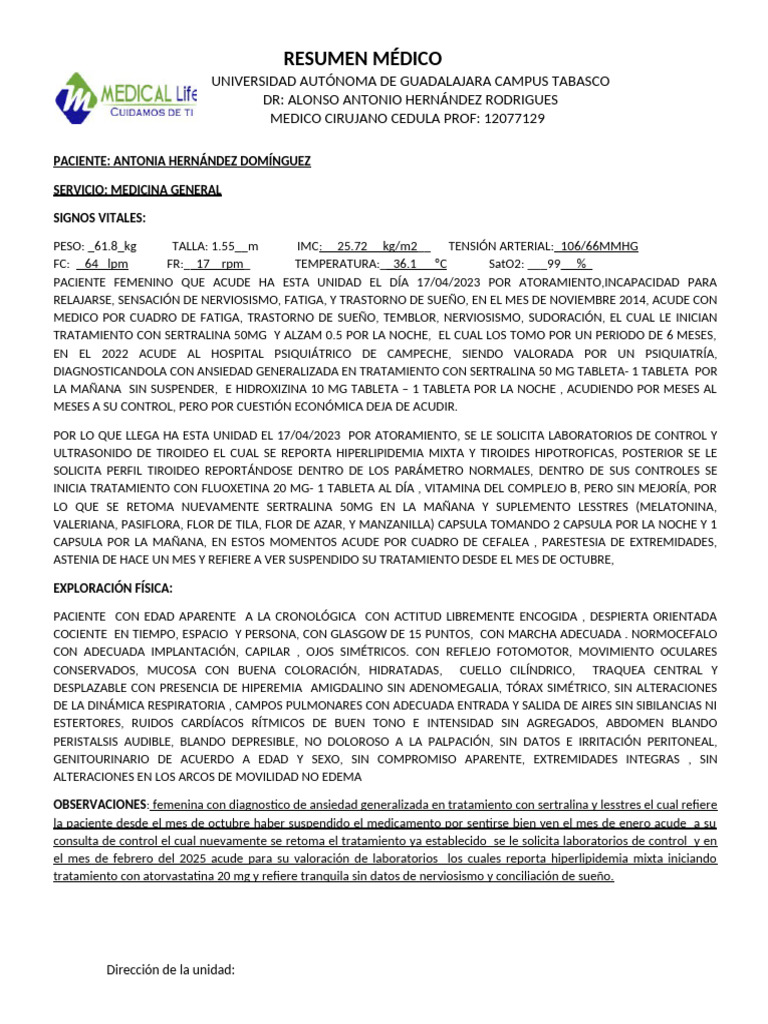 Resumen Medico ANTONIA HERNANDEZ DOMINGUEZ | PDF | Medicina | Medicina ...