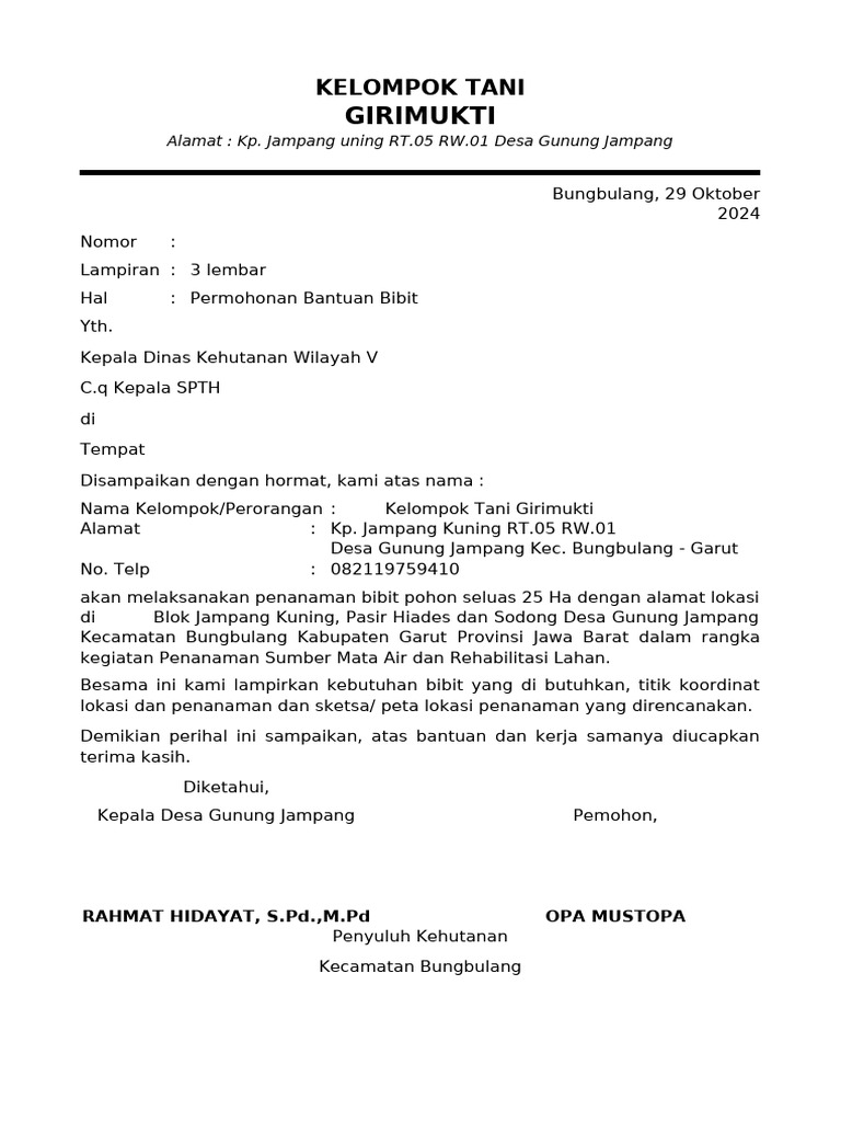 Konsep Contoh Surat Permohonan Bibit SPTH | PDF