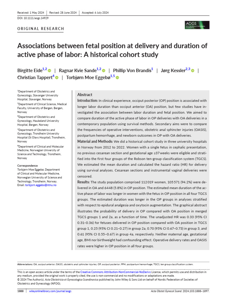 Associations Between Fetal Position at Delivery and Duration of | PDF ...