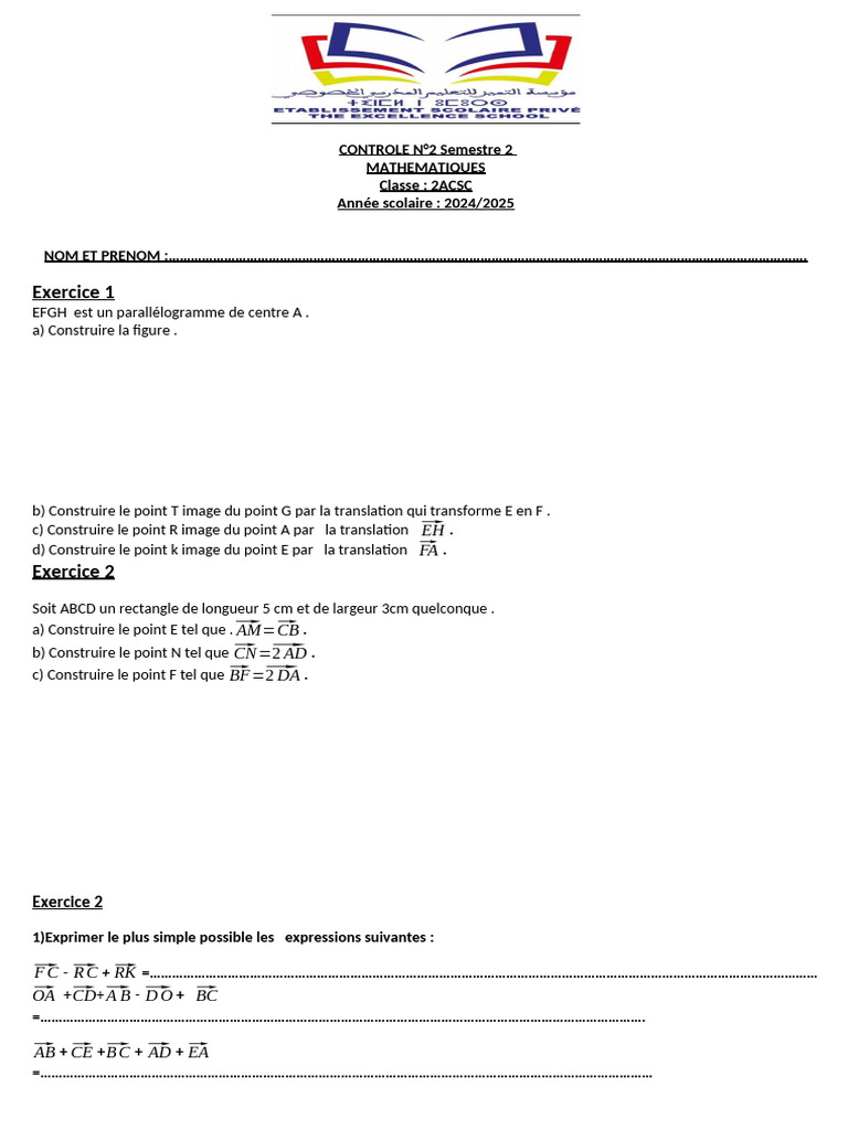 Contrôle de Mathématiques 2ACSC 2024/2025 | PDF | Zone | Concepts ...