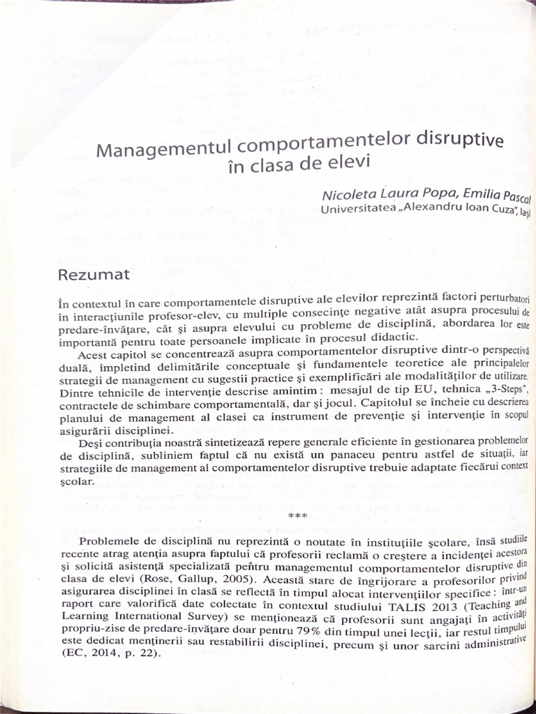 Managementul Comportamentelor Disruptive În Clasa de Elevi | PDF