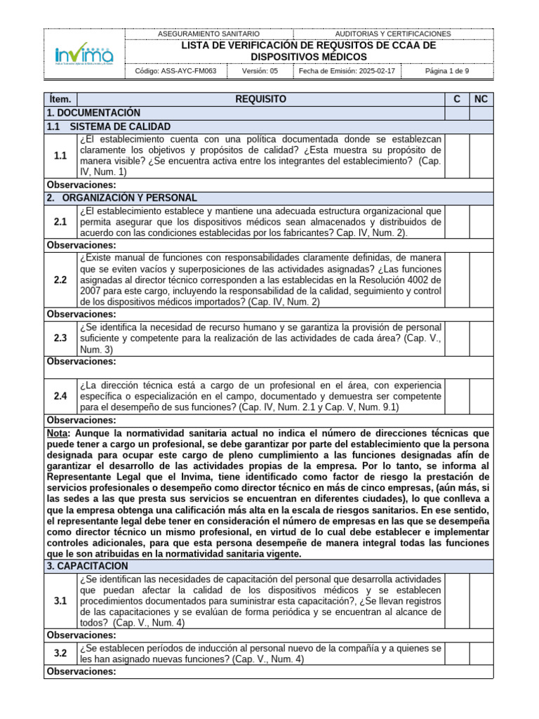 Lista de Verificación de Requsitos de Ccaa de DM, Ass-Ayc-fm063 | PDF | Higiene | Dispositivo médico