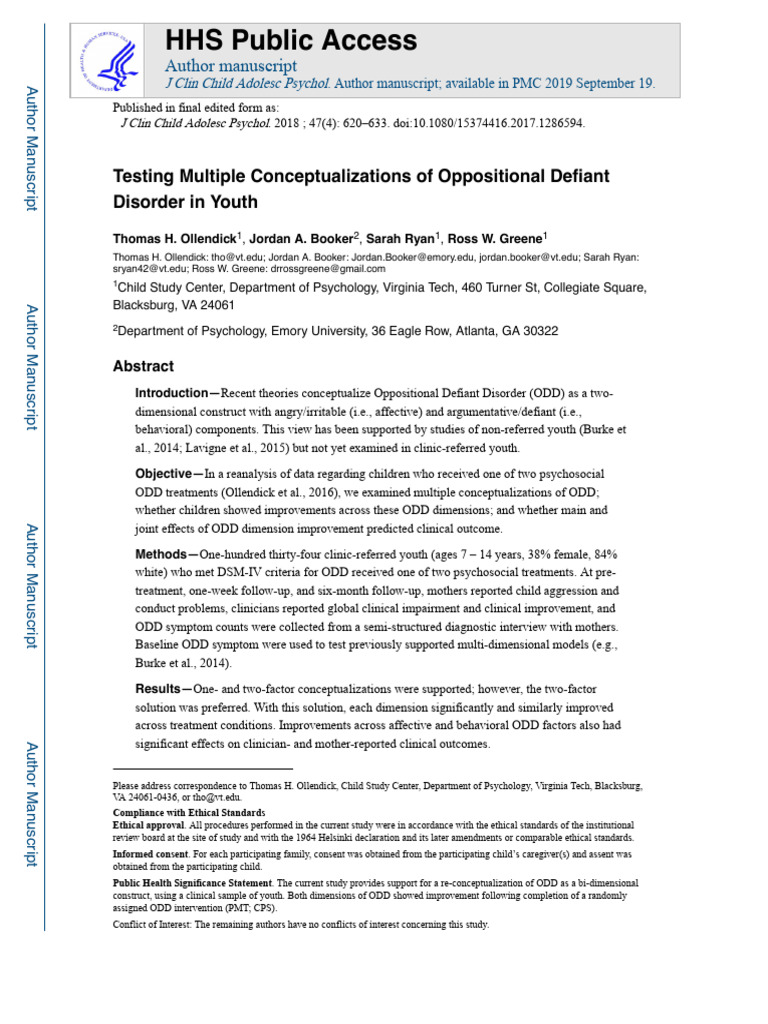 Testing Multiple Conceptualizations of Oppositional Defiant Disorder in ...