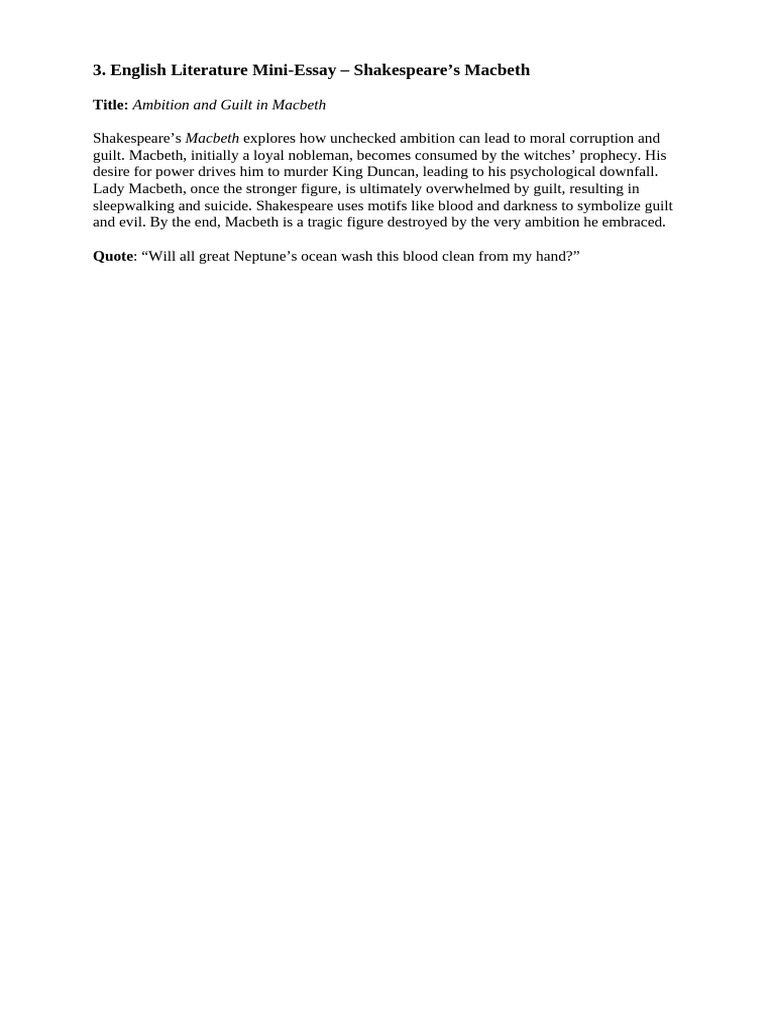 English Literature Mini-Essay - Shakespeare's Macbeth: Ambition and ...