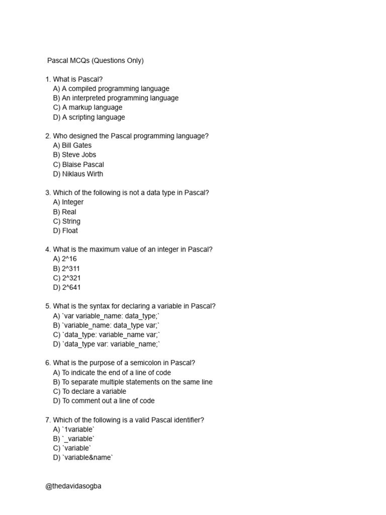 Pascal MCQs (Questions Only) | PDF | Control Flow | Data Type