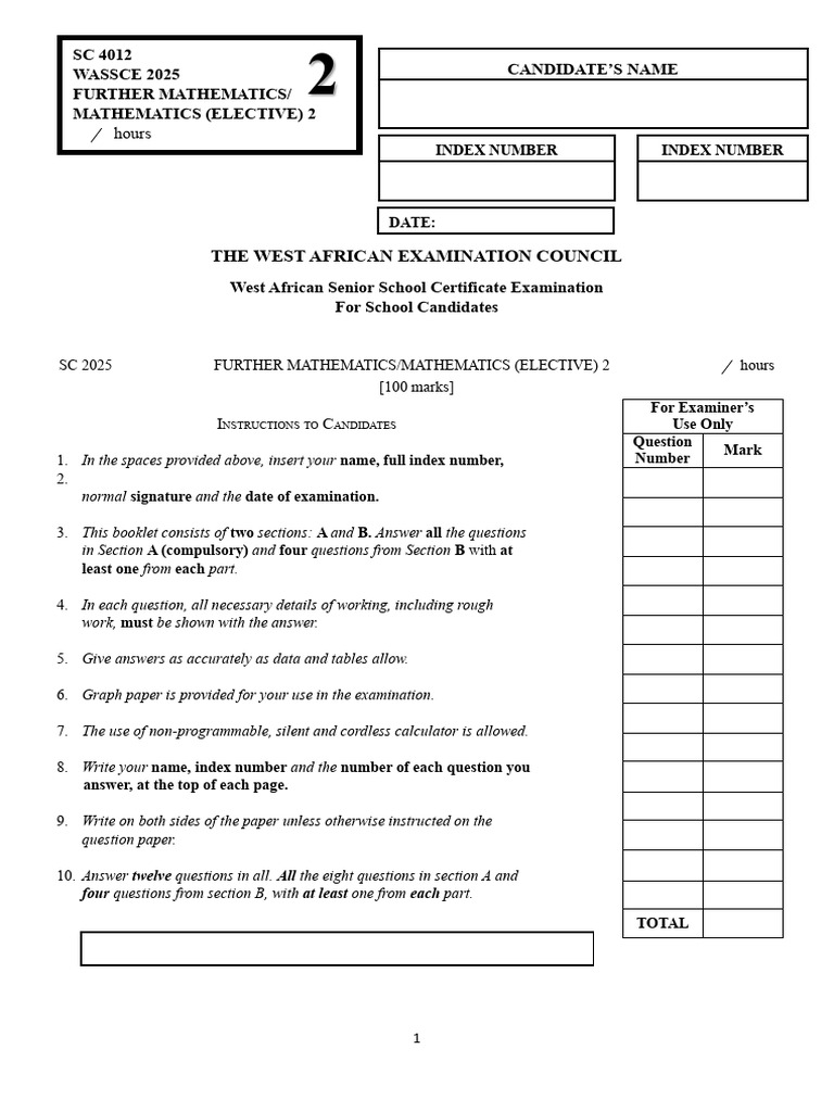Nigeria Elective Maths 2025 | PDF | Mathematics