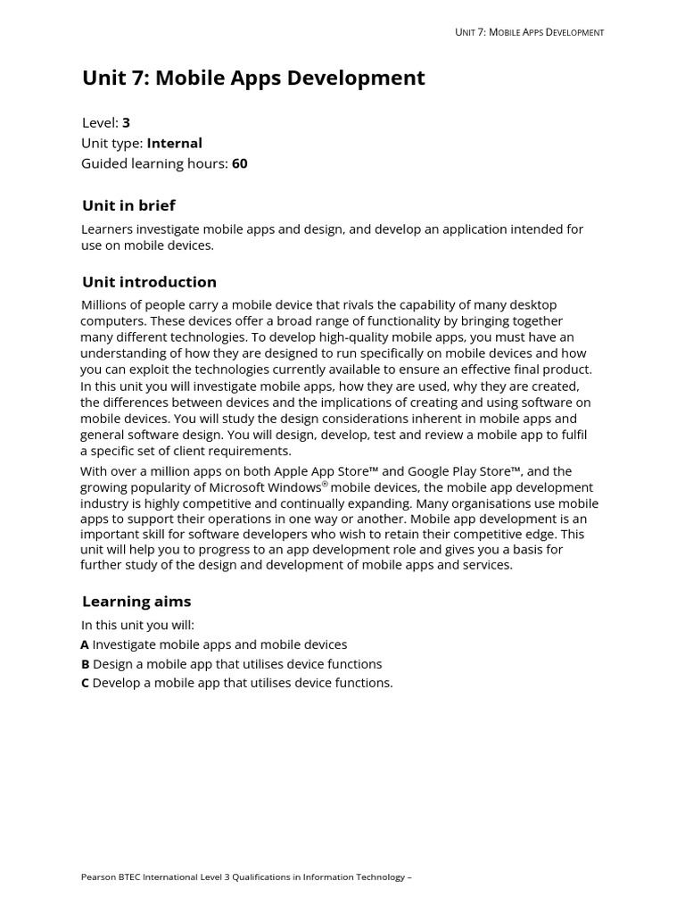 Btec Unit 7 Mobile App Development Specification | PDF | Application Software | Mobile App