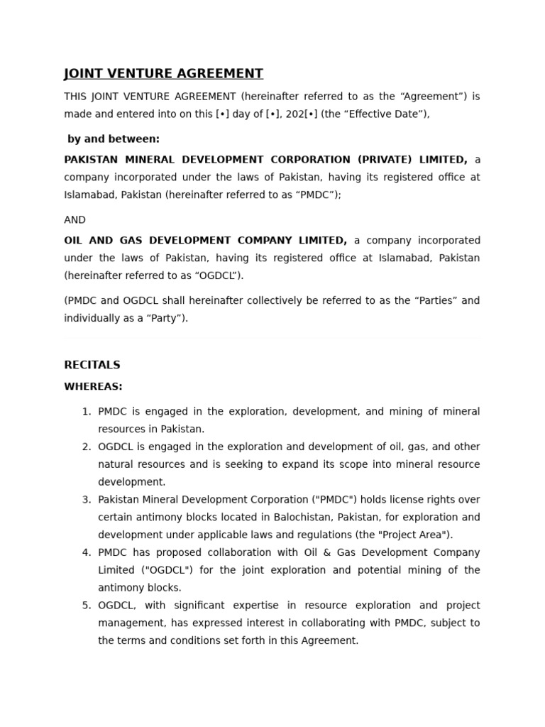 JV Pmdc-Ogdcl 1st Draft | PDF | Arbitration | Joint Venture