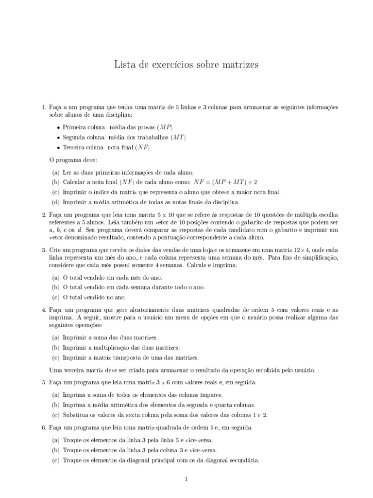 Aula_6_-_Lista_5_Matrizes | PDF | Matriz (Matemática) | Teoria da Matrix